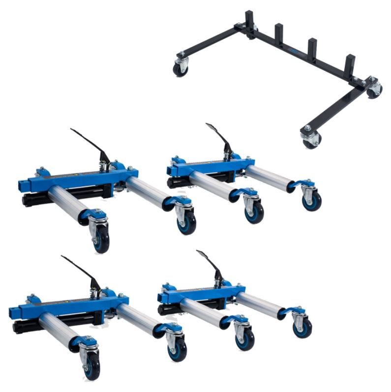 Heavy Duty Wheel Skate and Rack Bundle | 4 Wheel Stakes and Storage Rack